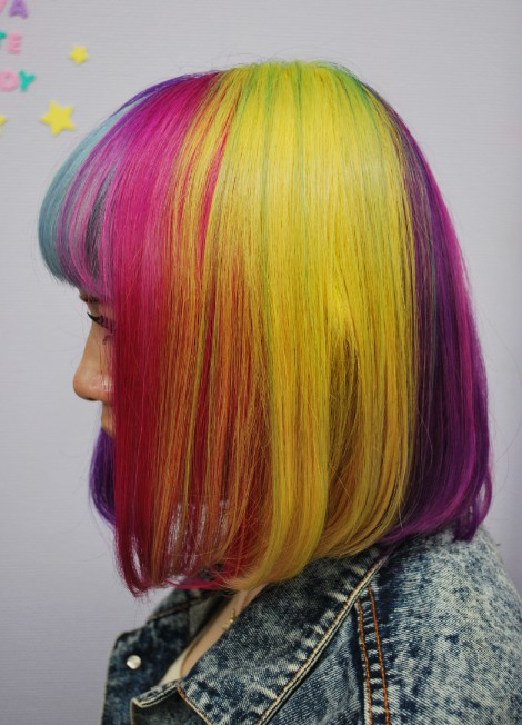 Short Straight Rainbow Bob Hairstyle with Blunt Bangs - Hairstyles Weekly
